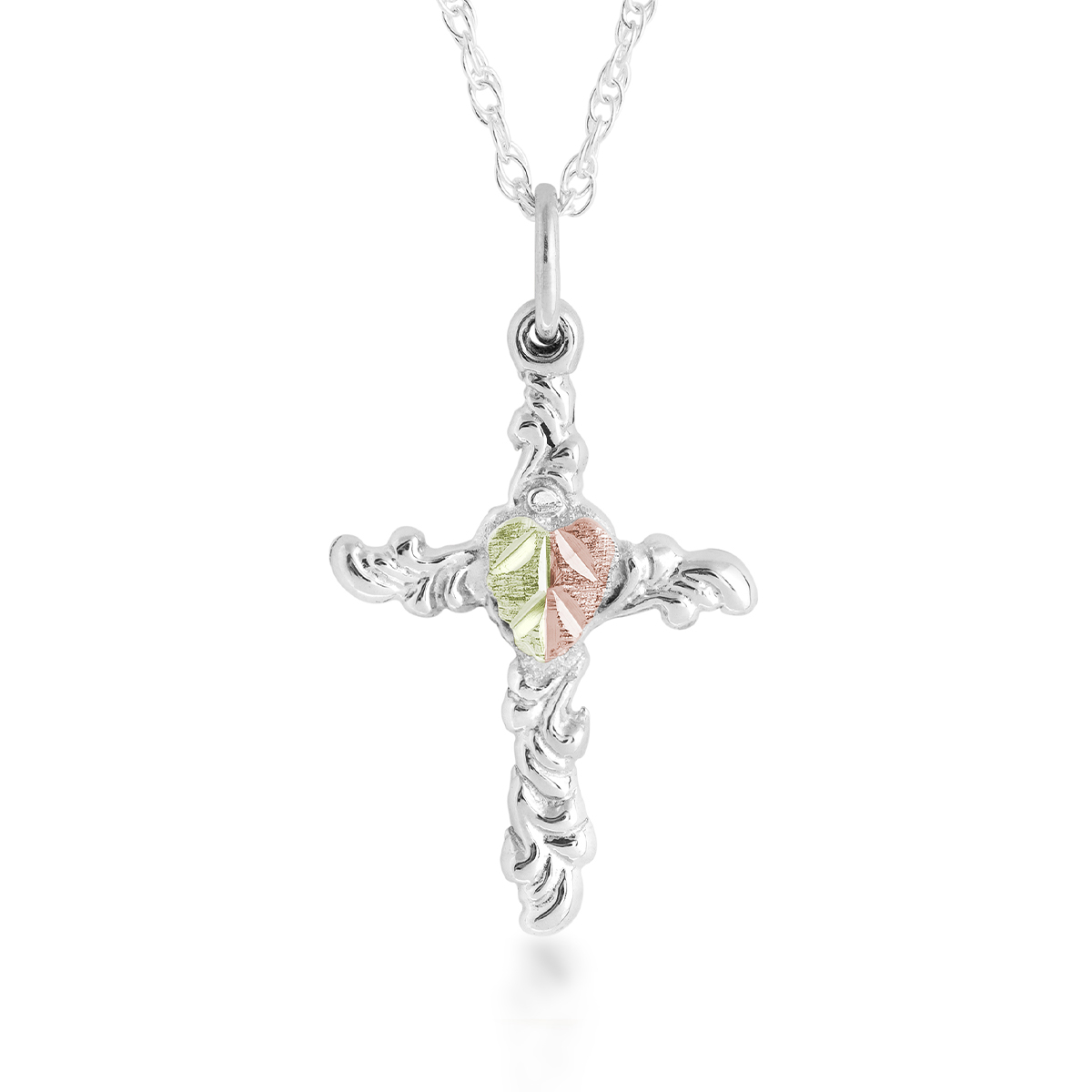 Black Hills Gold Baroque Swirl Cross Pendant with Center Heart in ...